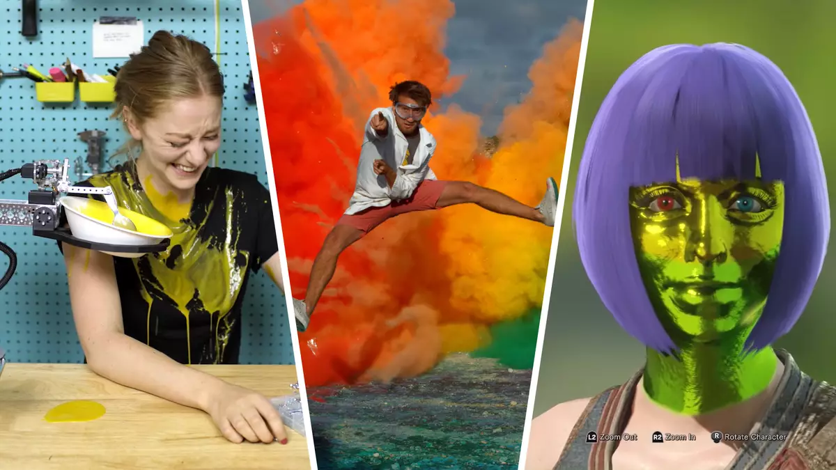 Collage af tre off-the-wall YouTube-kanalvideoer, inklusive Simone Giertz, The Slow Mo Guys og Monster Factory