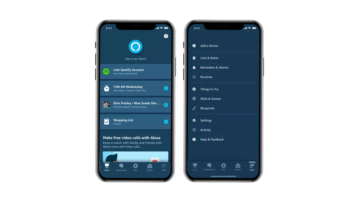 Unha aplicación Alexa recentemente redeseñada cun botón azul grande na parte superior.