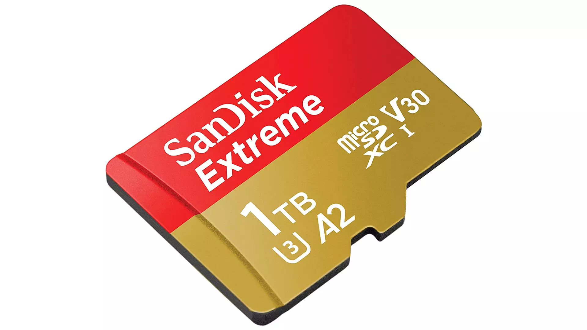 一张 1TB 闪迪 micro-SD 卡的照片。
