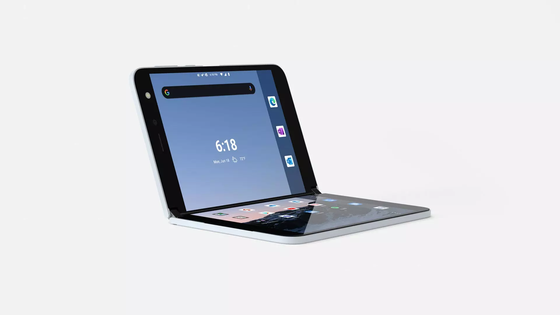 Зөөврийн компьютер шиг байрлалд байгаа Surface Duo.