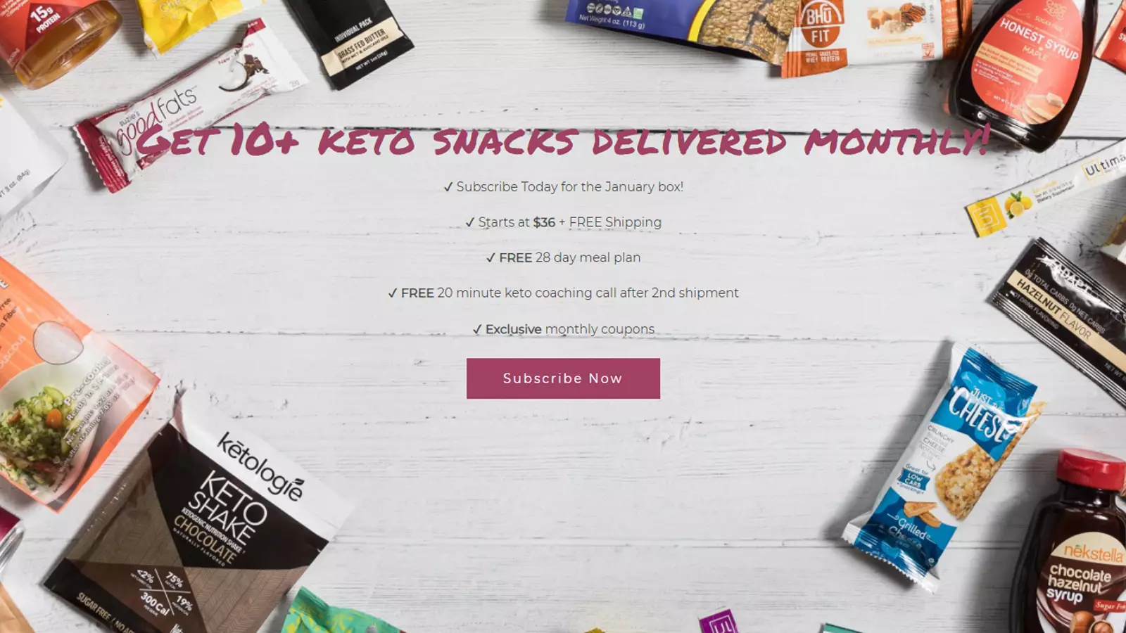 De Keto Box-homepage mei in breed oanbod fan snacks, mielartikelen en dranken