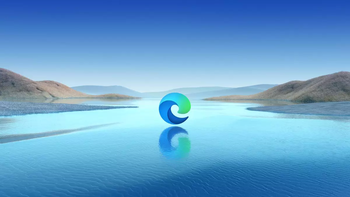 Logo Microsoft Edge mengambang di atas danau.