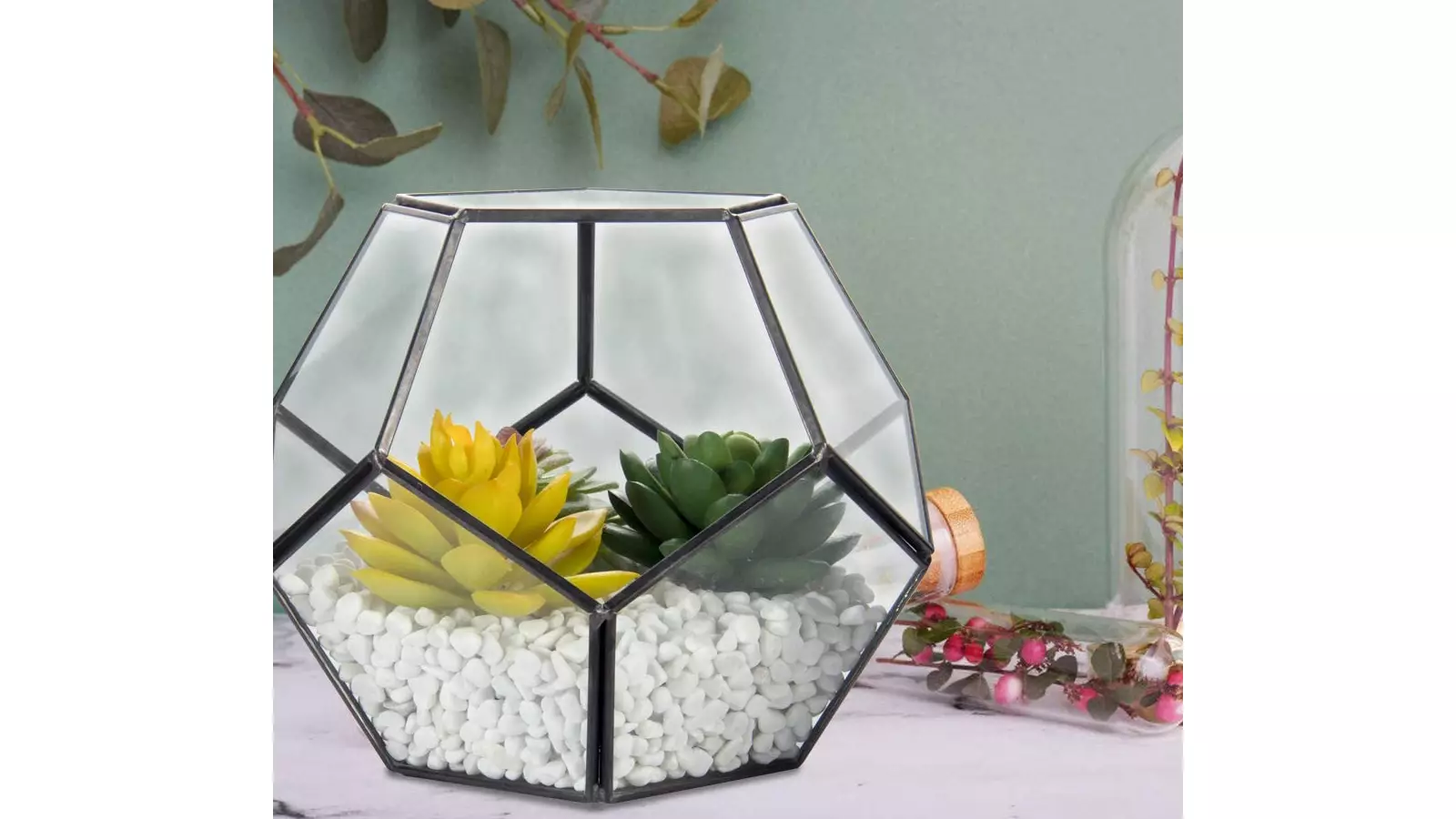 Geometrisch terrarium van glas en metaal met vetplanten en rotsen op een bureaublad met andere planten
