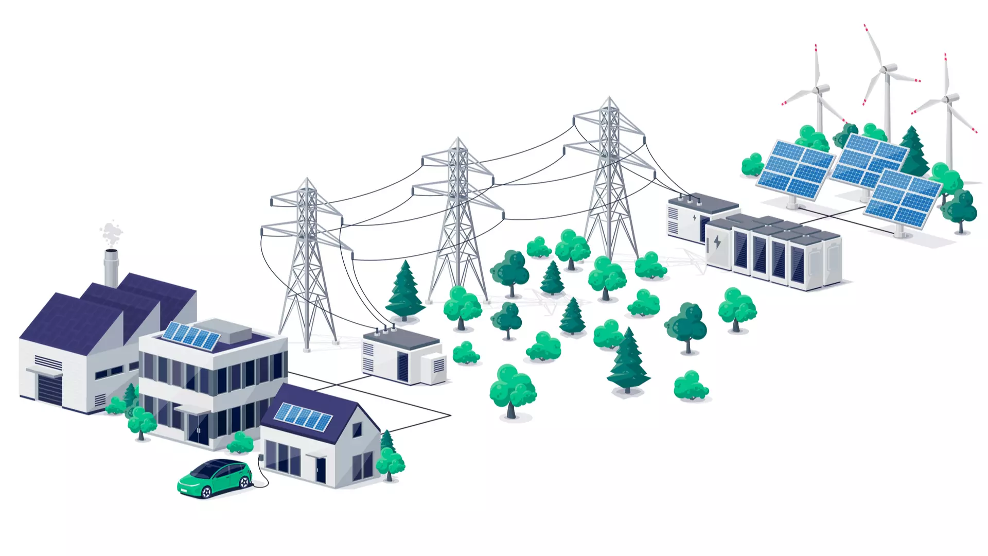 grafika przedstawiająca sieć elektryczną, domy i pojazdy elektryczne