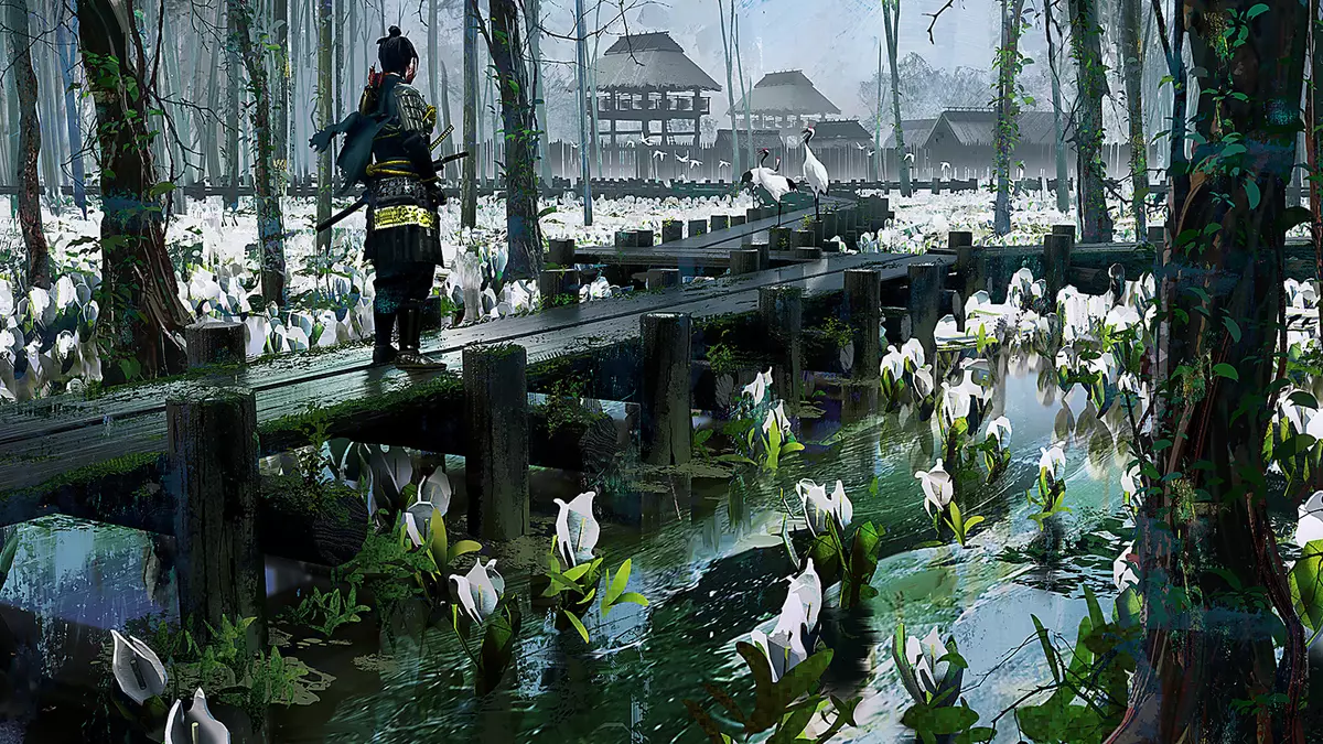 Арт-гравюра «Призрак Цусимы» с самураем, идущим по низкому мосту над водой
