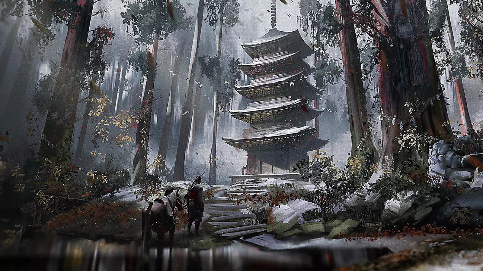 Impressão de arte 'Ghost of Tsushima' com samurai e cavalo caminhando até um pagode no meio de uma floresta