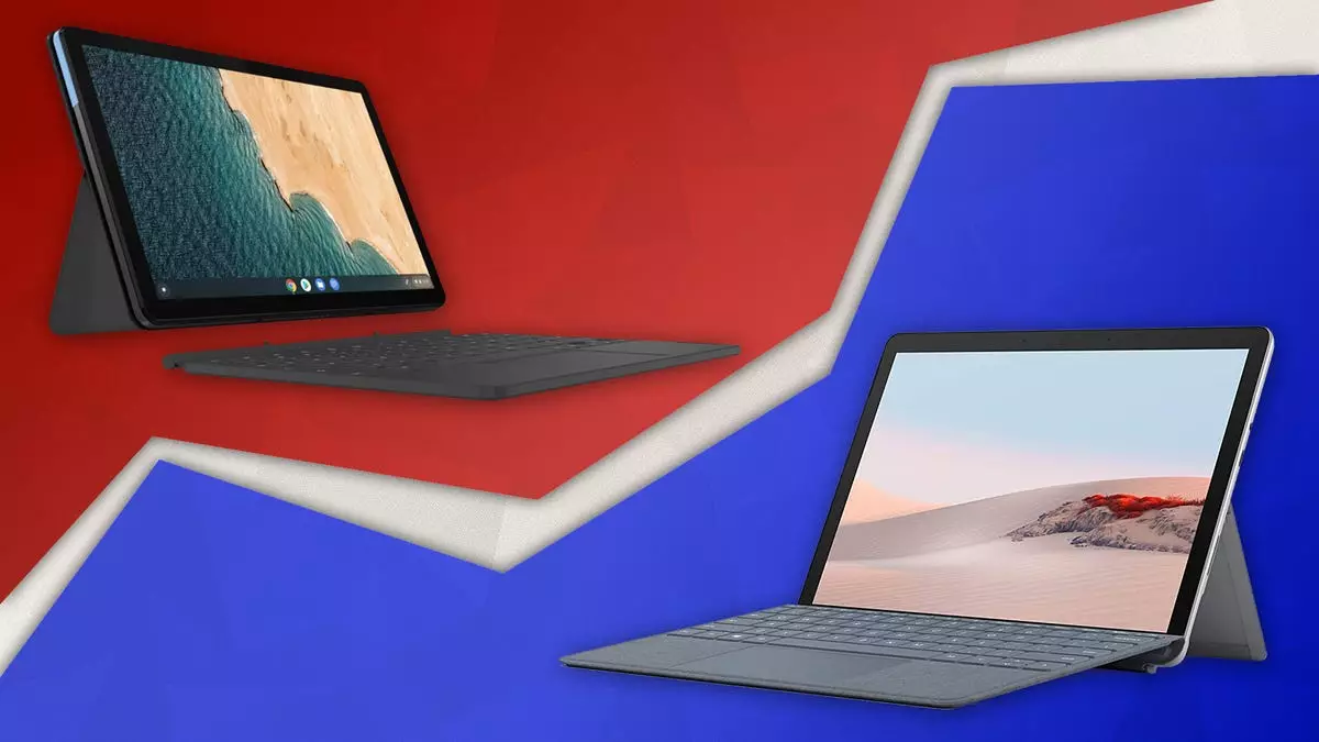 Lenovo IdeaPad Chomebook Duet kreisajā pusē, Microsoft Surface Go 2 labajā pusē