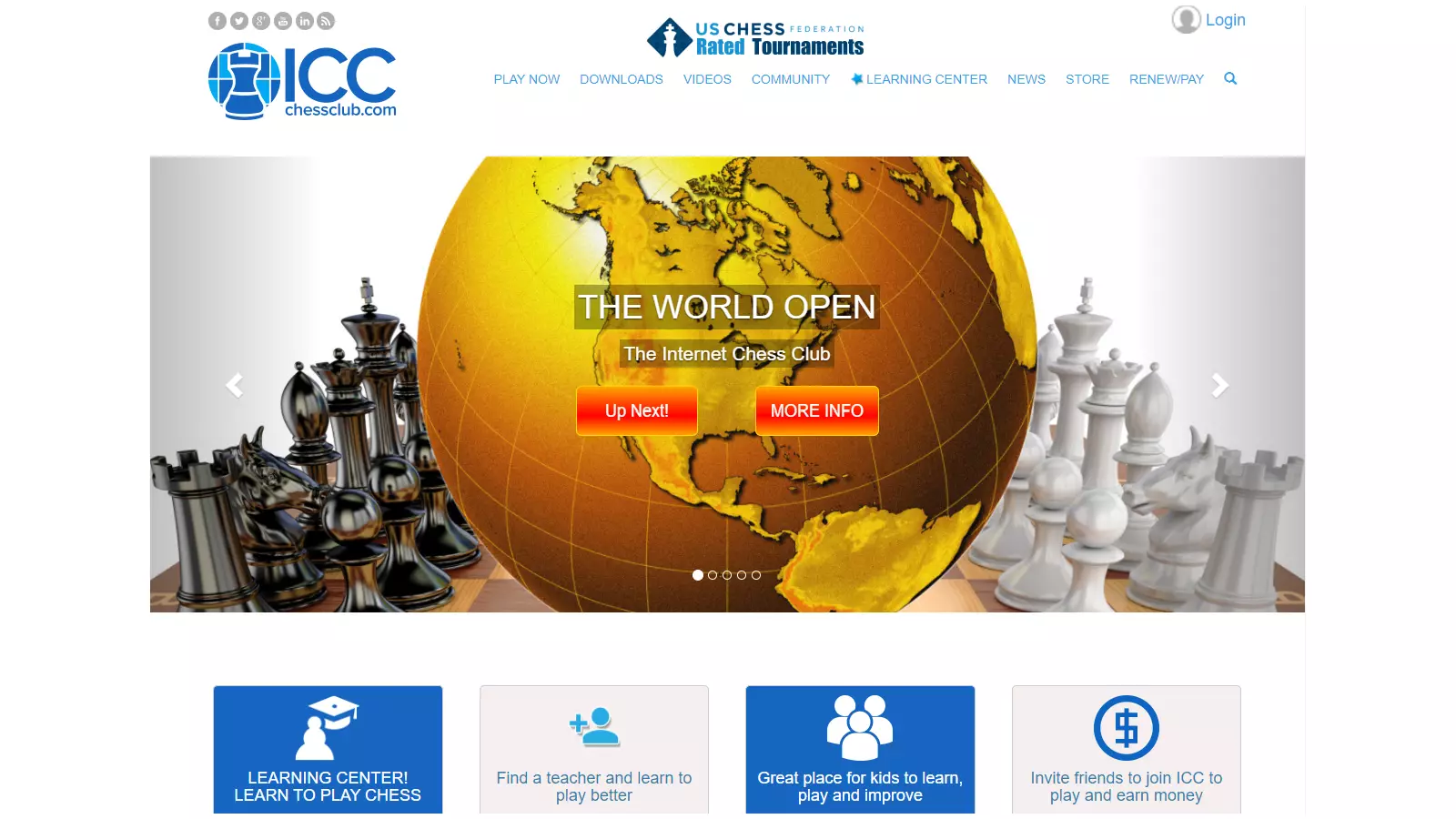 Pagina de pornire a Clubului de șah de pe Internet cu caracteristici ale site-ului și informații despre turneu