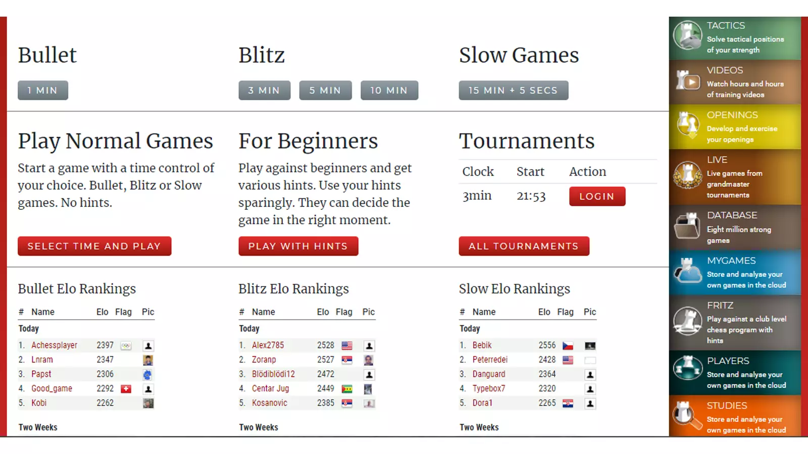 Página inicial do playchess com bullet, blitz e outros resultados do torneio