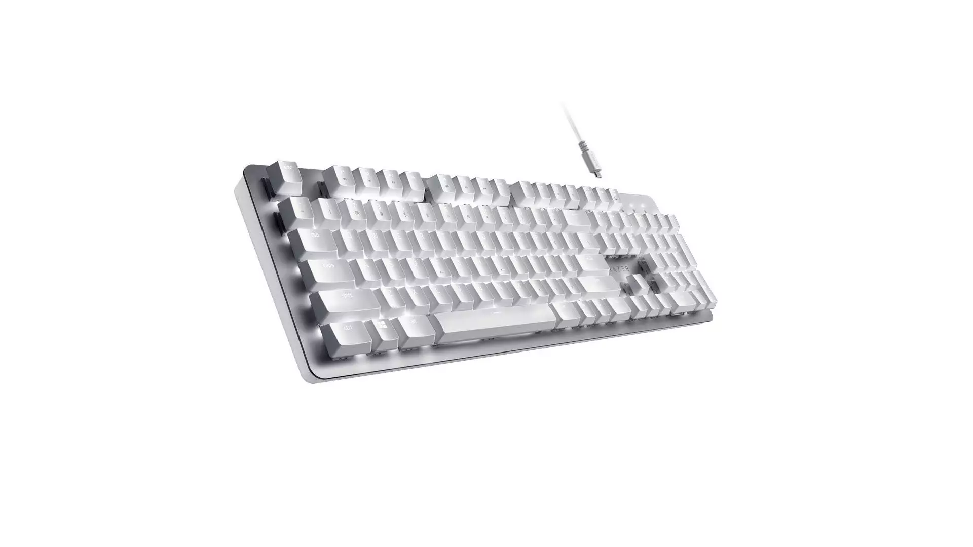 Et grått tastatur med hvit bakgrunnsbelysning.