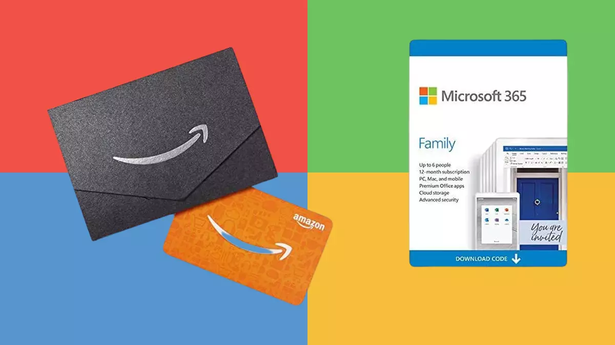 Падарункавыя карты Microsoft 365 Family і Amazon перад лагатыпам Microsoft