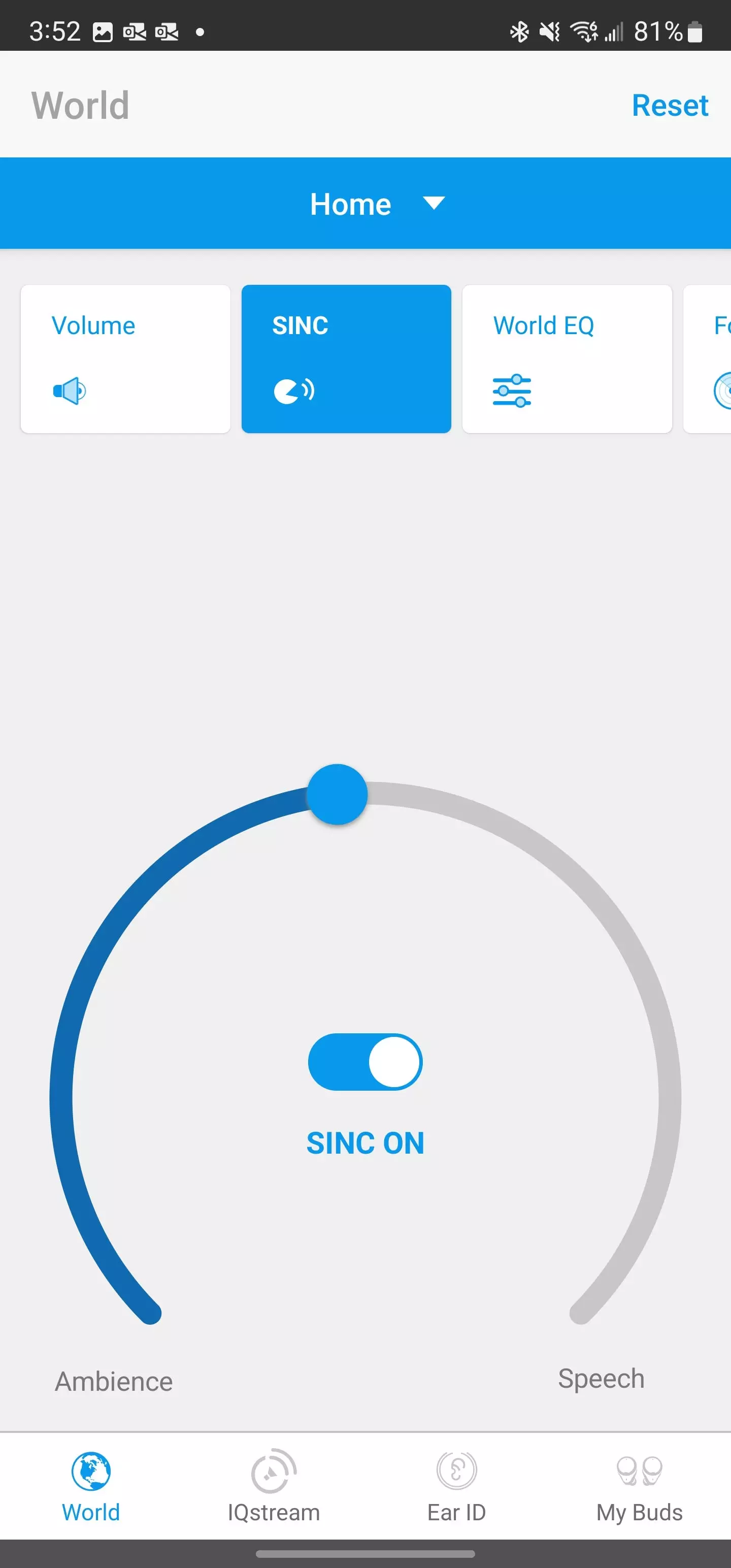 unha imaxe da aplicación Nuheara con SINC activado