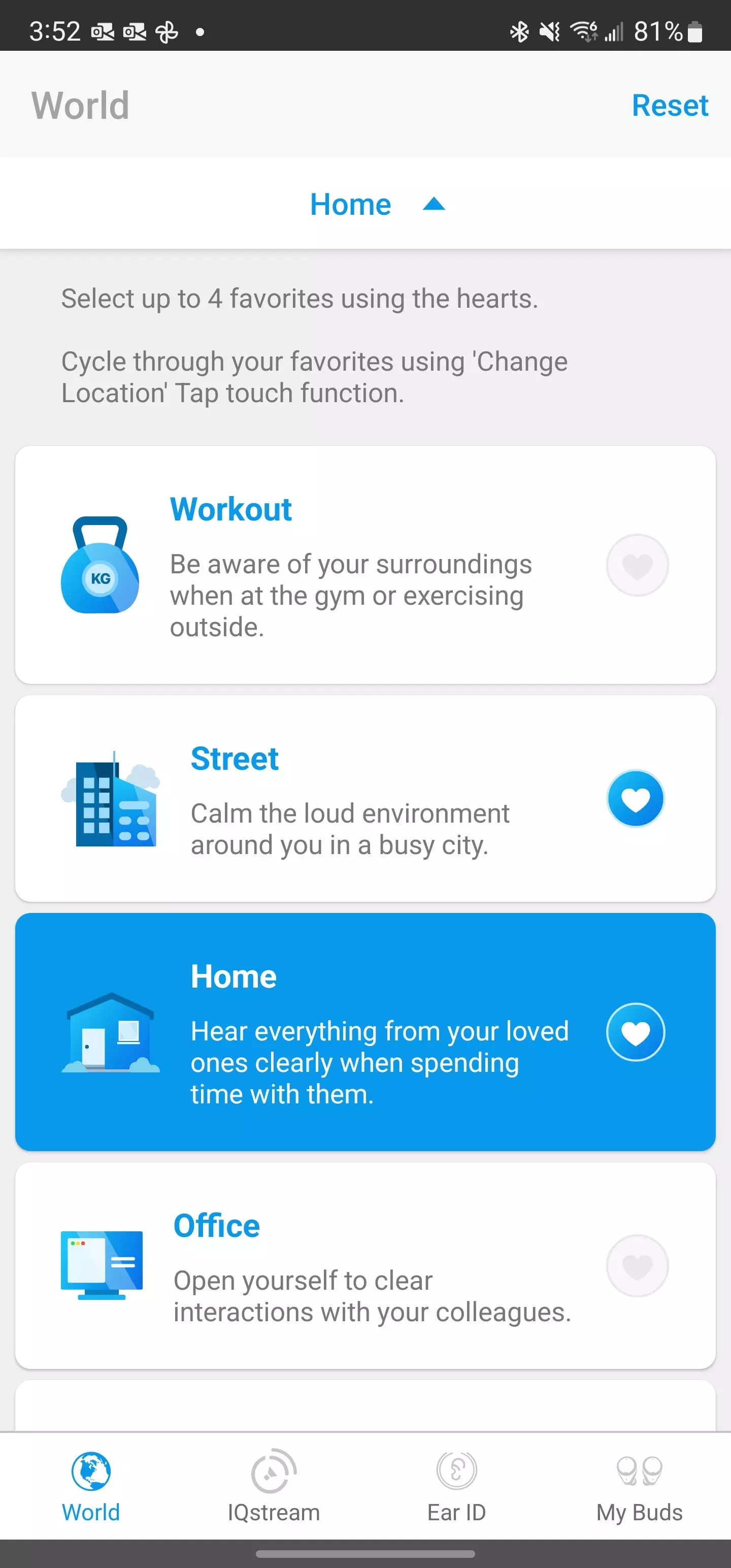 unha imaxe da aplicación Nuheara que mostra varias opcións ambientais