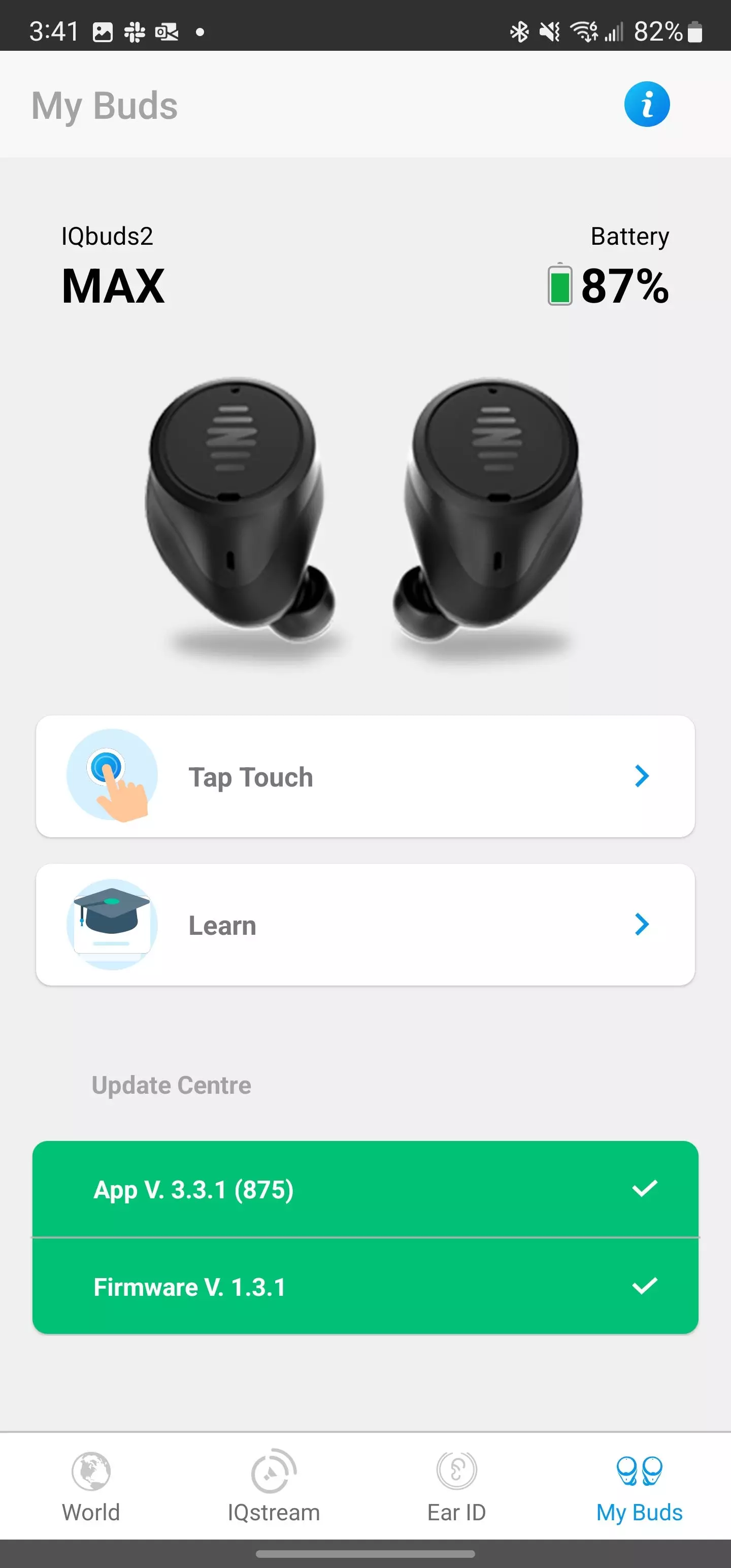 une image de l'application Nuheara affichant les commandes tactiles
