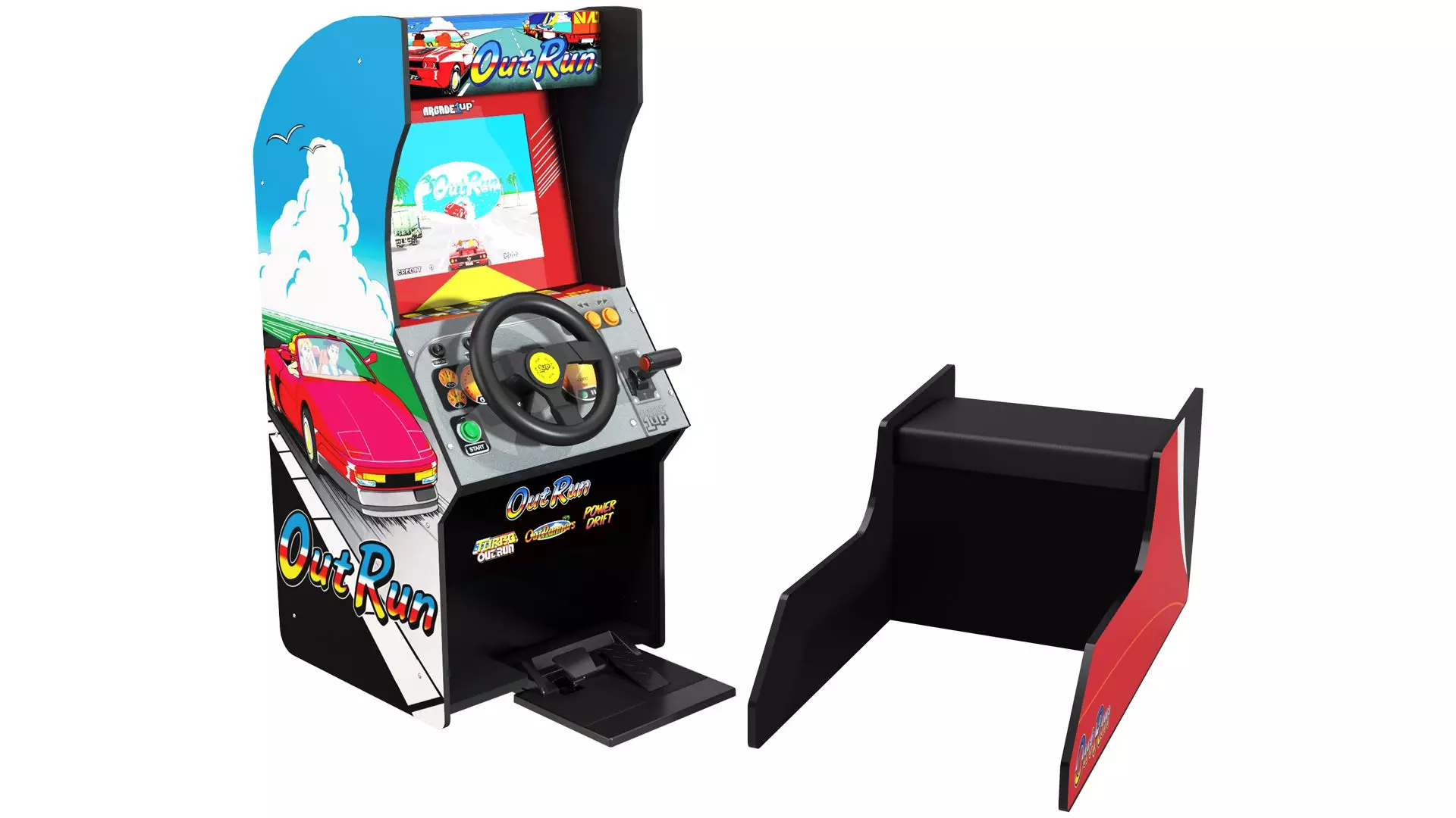 Usa ka Out Run arcade machine nga adunay gilain nga bangko.