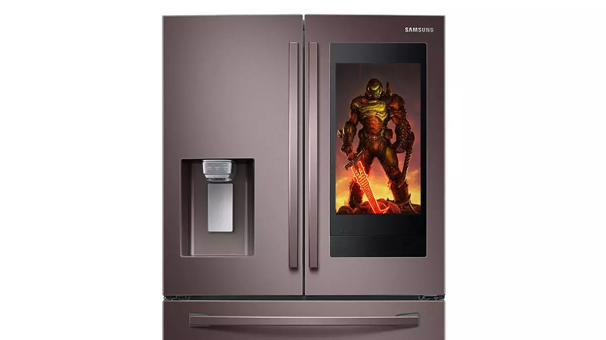 Obra de arte de Doom nun frigorífico intelixente Samsung.