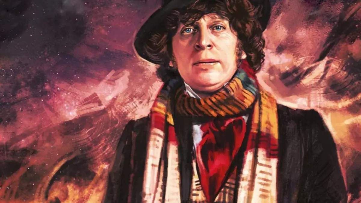 Obraz Štvrtého doktora z filmu „Doktor Who“ stojaci pod nočnou oblohou.