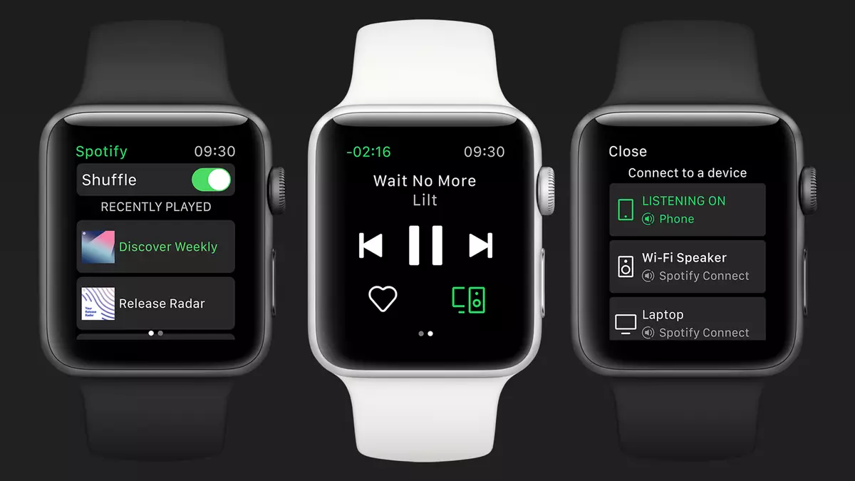 Tre Apple Watches med Spotify-appen öppen.