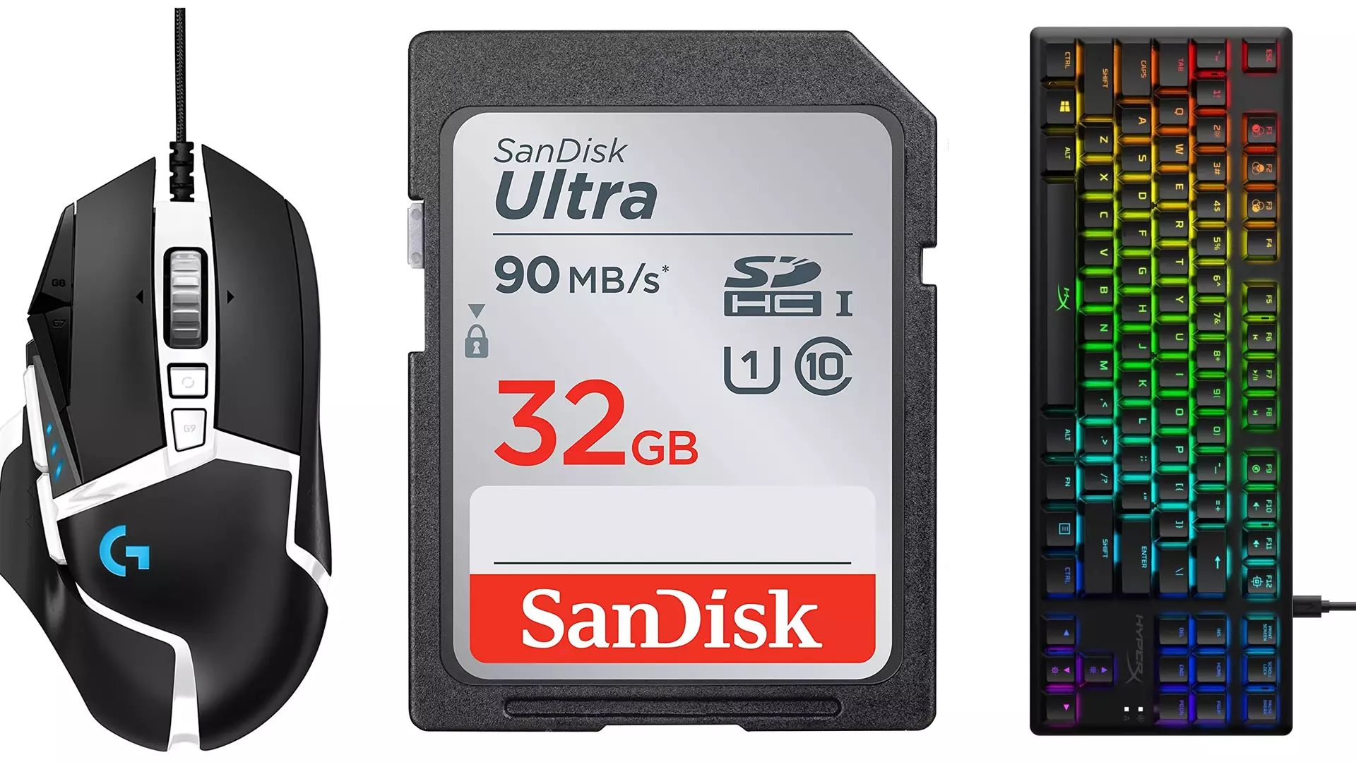 תמונה של עכבר הגיימינג של Logitech, כרטיס SanDisk SD ומקלדת HyperX Alloy.