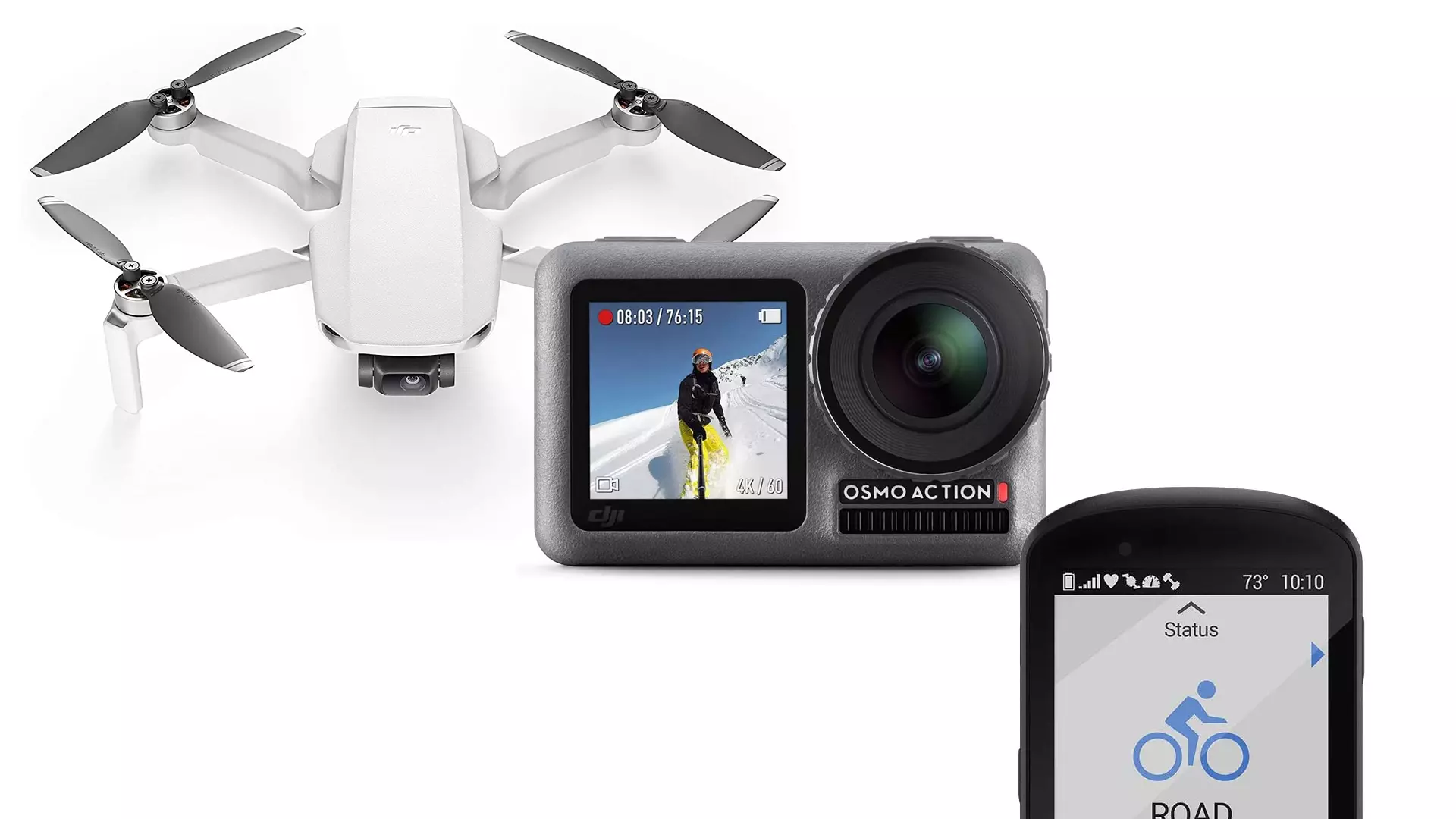 Ein Foto der DJI Osmo Action Cam, der DJI Mavic Drohne und des Garmin Edge