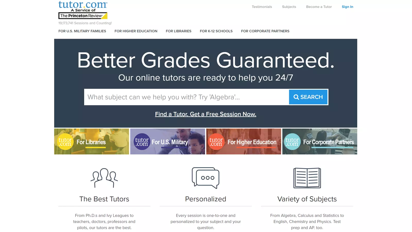 Tutor.com homepage met onderwerp en tutor opties