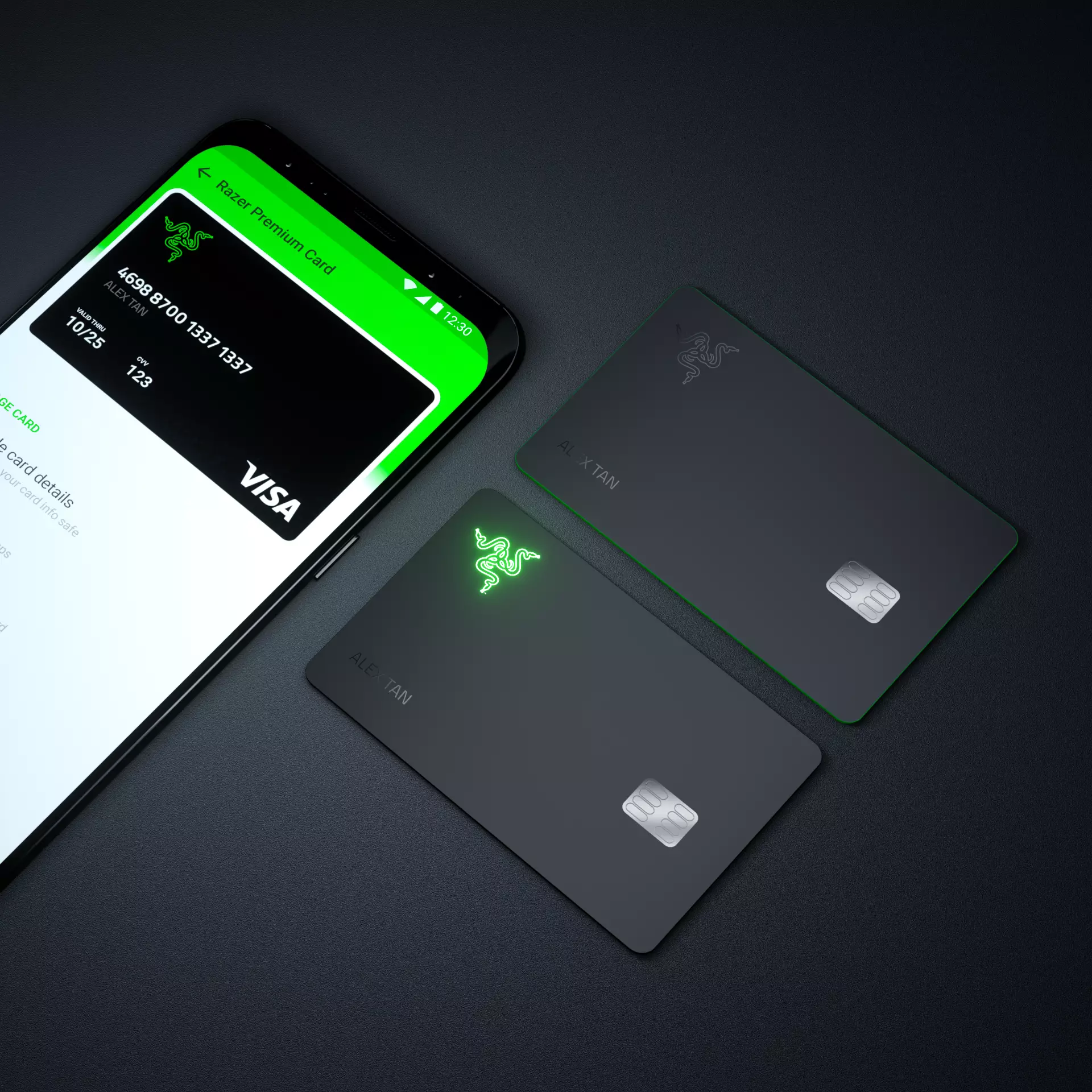 Aplikacja Razer Pay, świecąca karta Razer i nudna czarna karta Razer