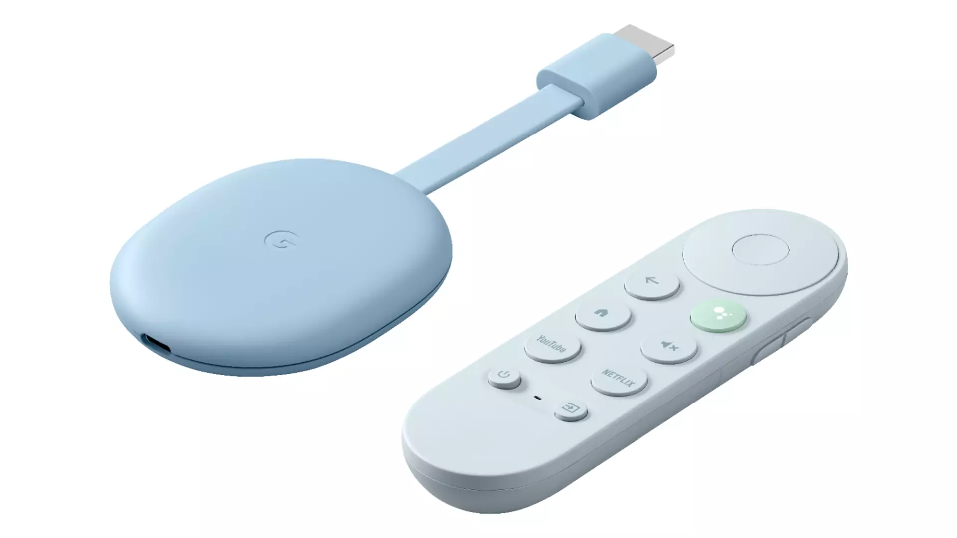 Fotka modrého Chromecastu s Google TV
