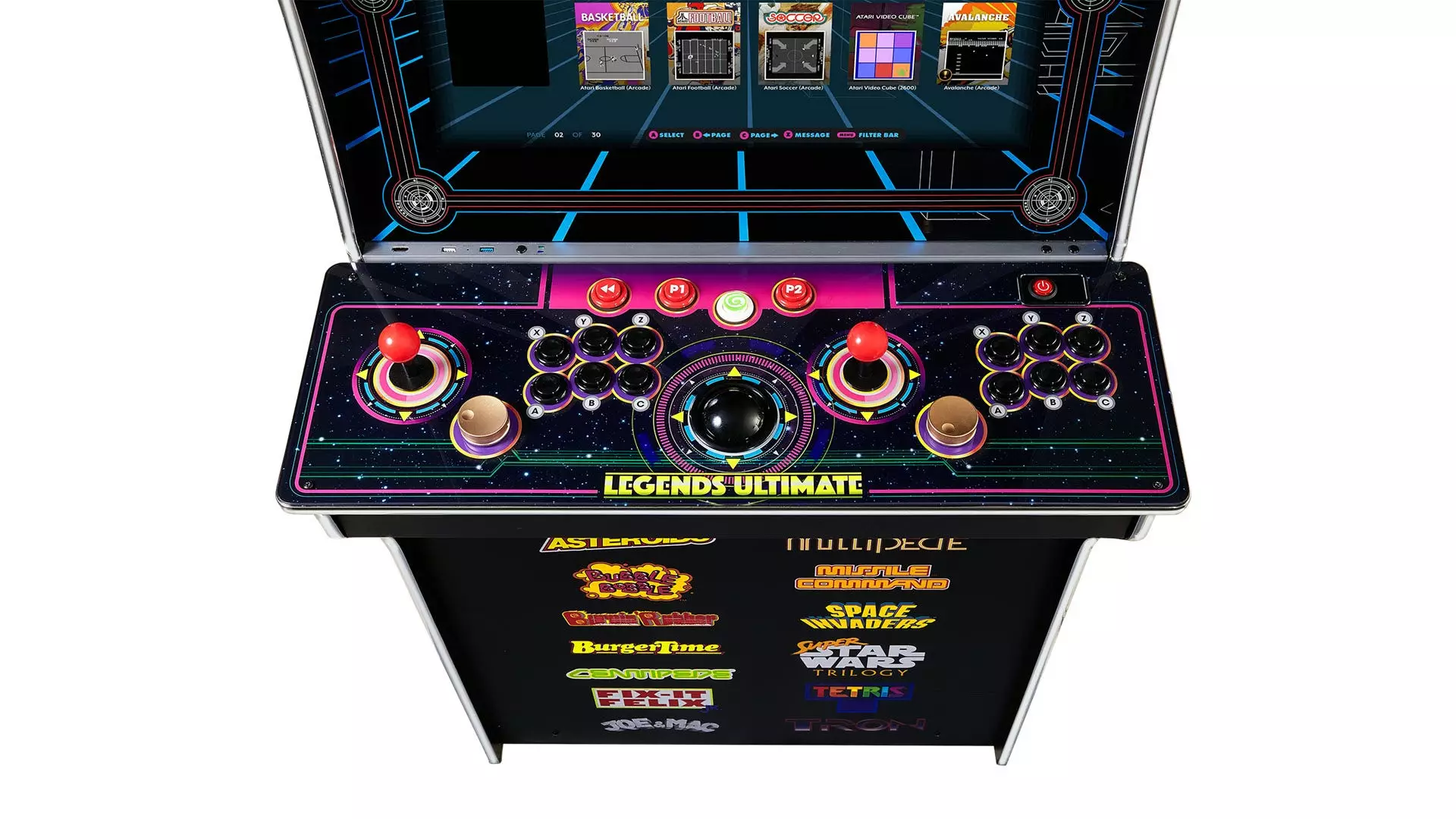 Közelkép a Legends Ultimate vezérlőpultról, amelyen két joystick, pálcánként hat vezérlőgomb, twp pörgettyűk, görgetőgolyók és számos egyéb gomb látható.