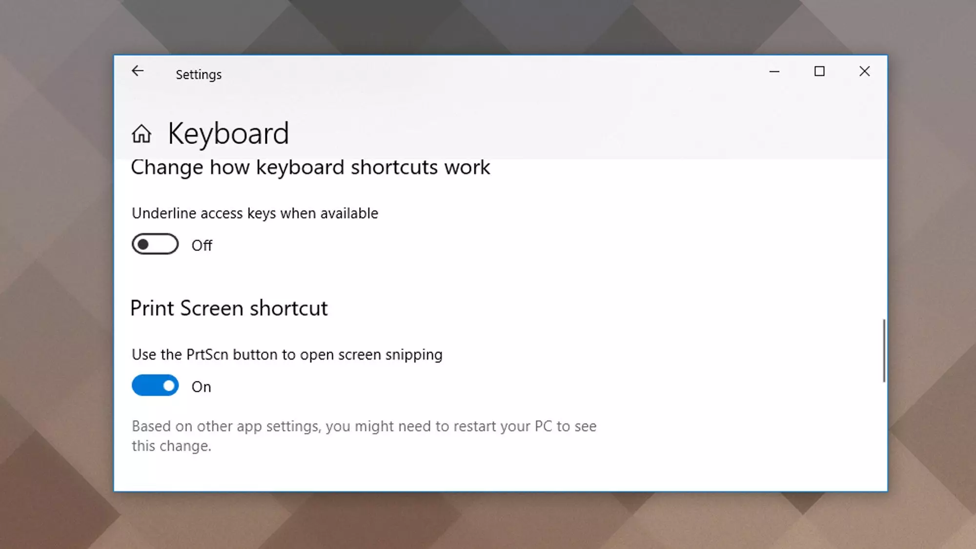 usa ka hulagway sa Windows 10 keyboard settings menu.