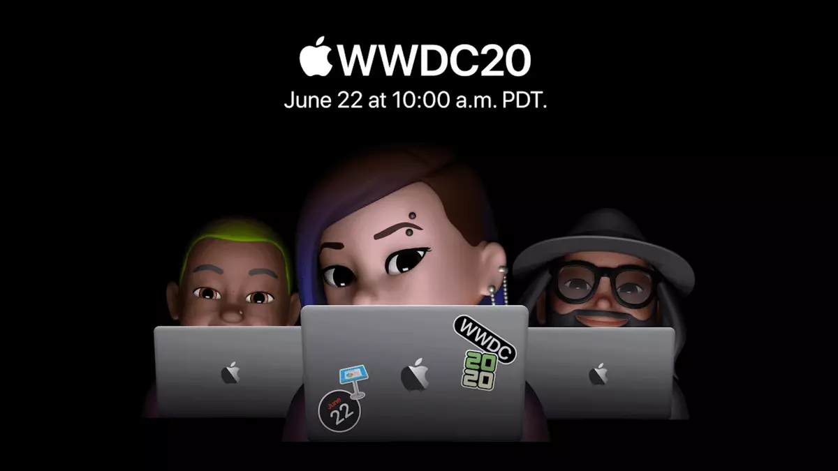 Apple Memoji សម្លឹងមើលកុំព្យូទ័រយួរដៃដែលគ្របដណ្ដប់ដោយស្ទីគ័រ WWDC 2020