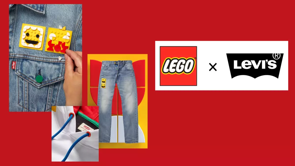 Item dan logo kerjasama pakaian LEGO Group x Levi dengan latar belakang merah