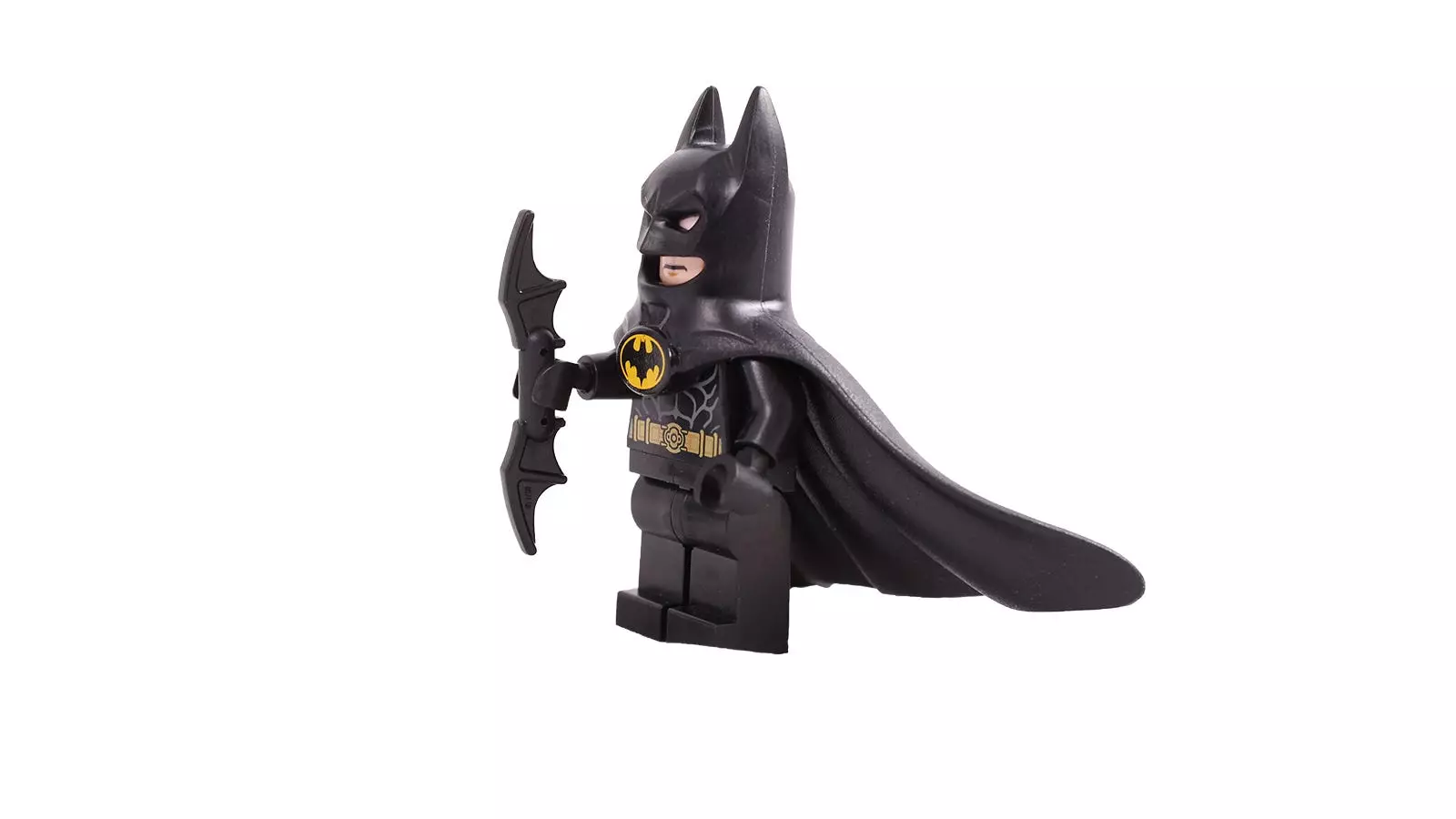 A closeup tal-minifigure LEGO Batman.