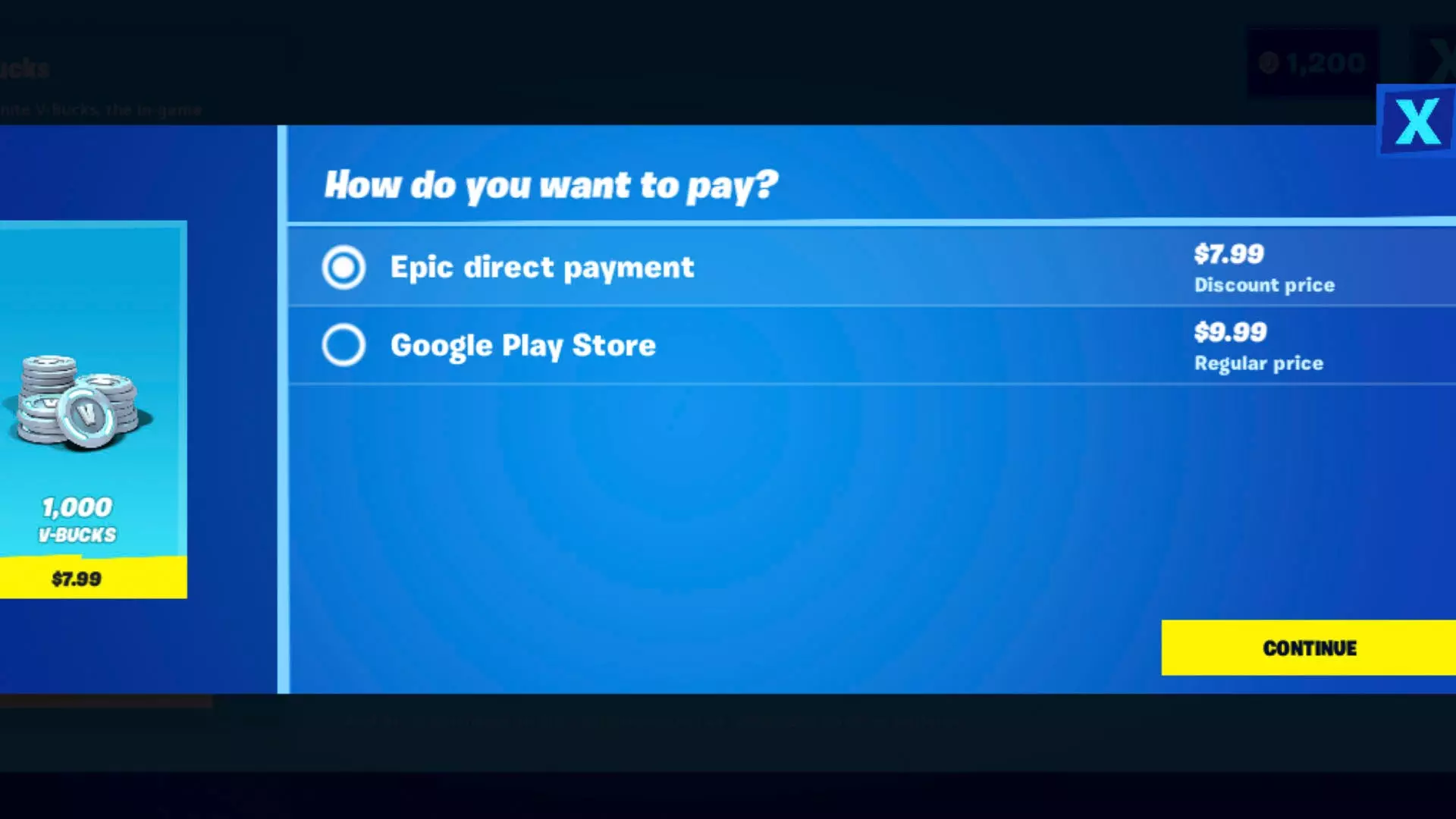 Aplikacja Fortnite z dwoma metodami płatności w różnych cenach.