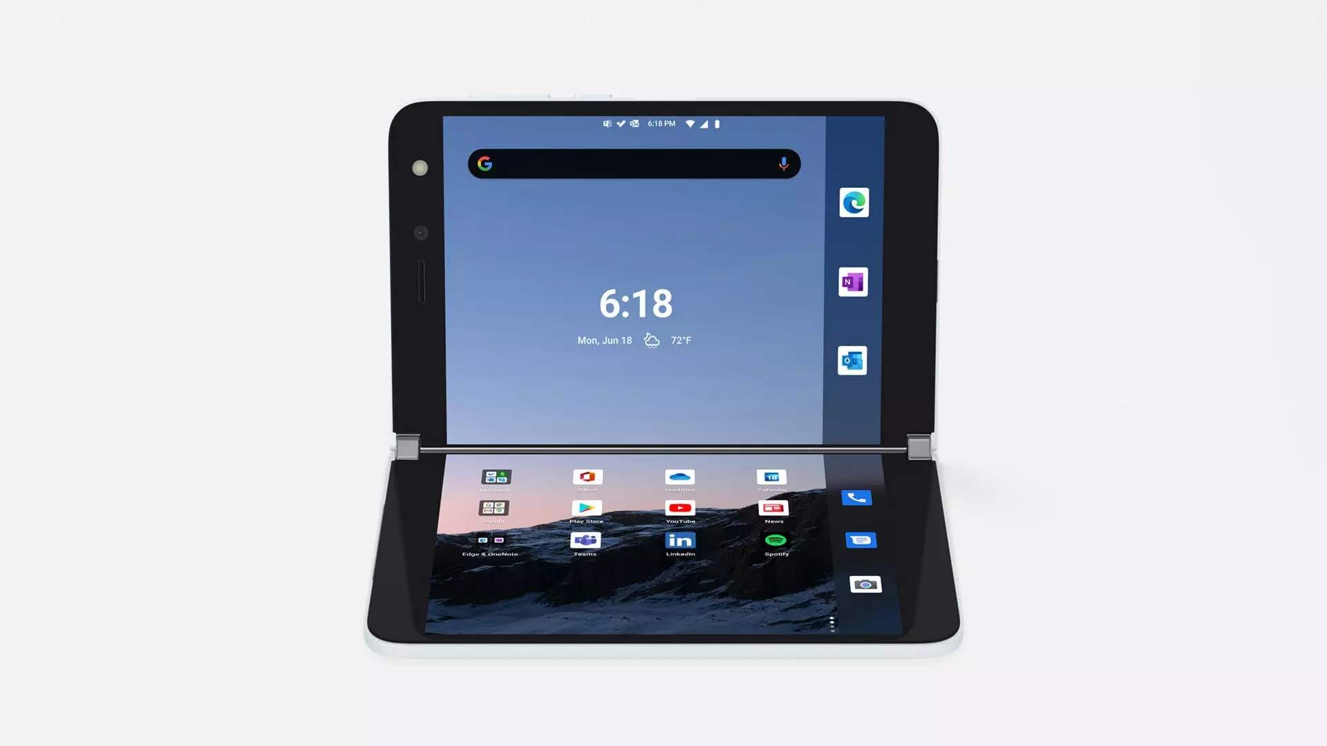 Телефон Surface Duo в позиция, подобна на таблет.