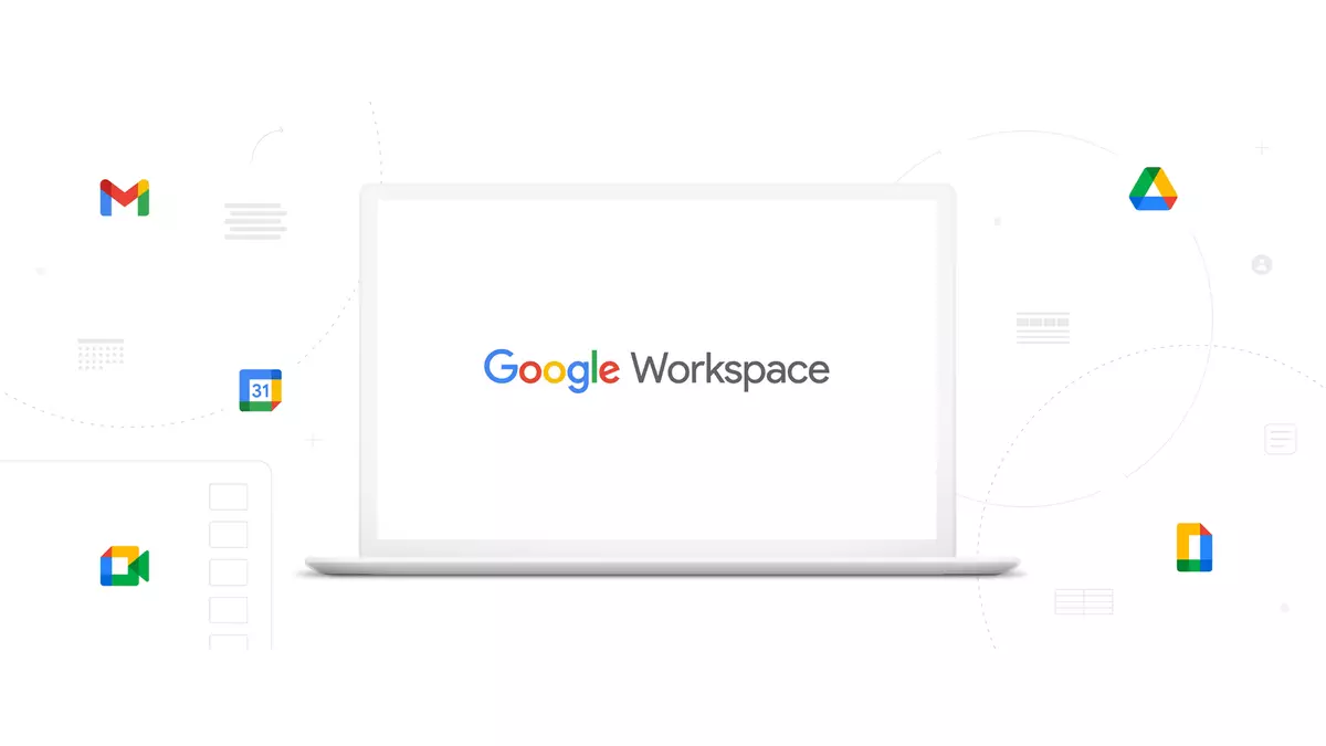 Google Workspace op een desktop, omringd door pictogrammen.