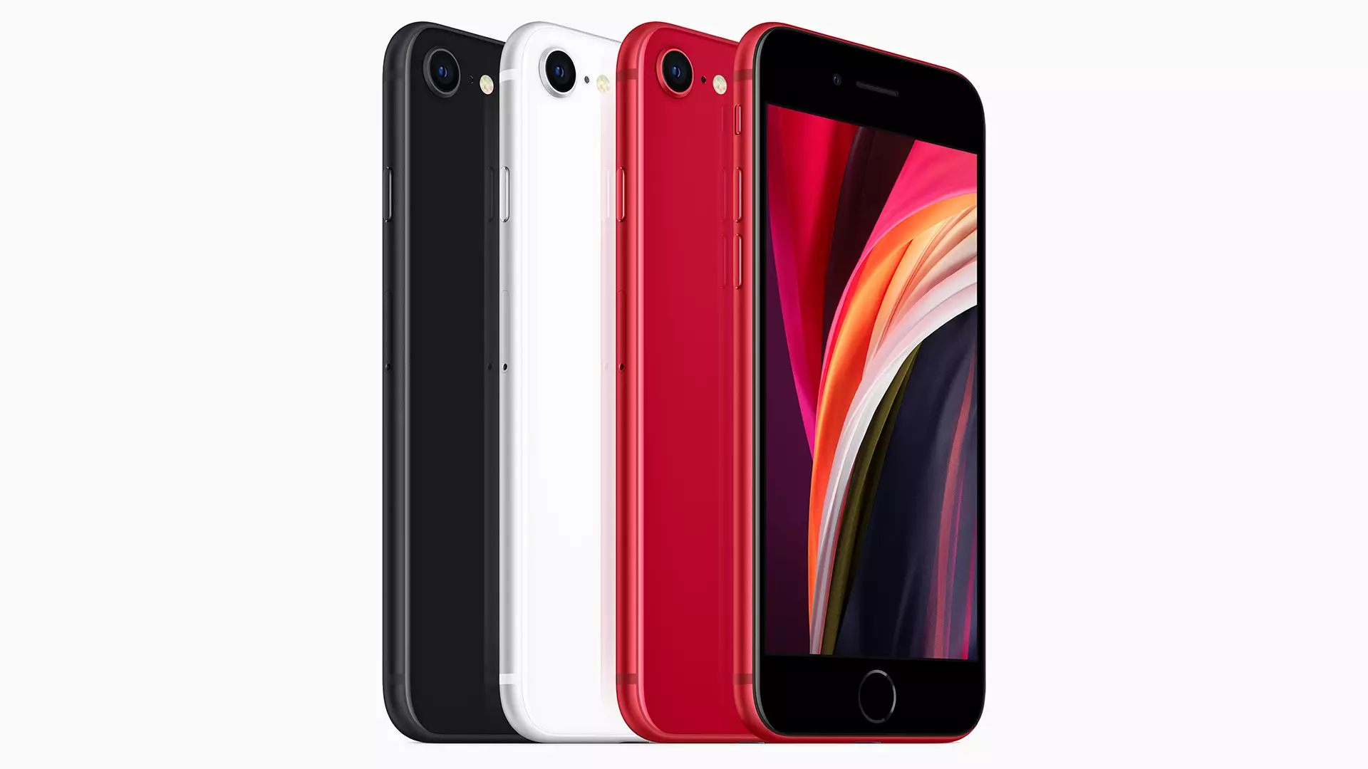 Fotografie zobrazující jednotlivé barvy iPhonu SE 2020.