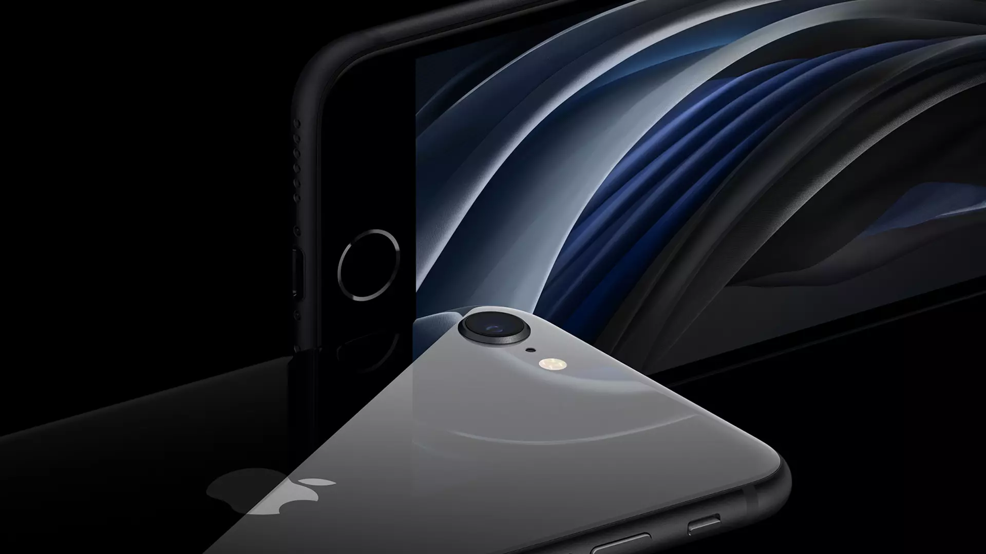 काले रंग की पृष्ठभूमि पर iPhone SE 2 की एक तस्वीर।