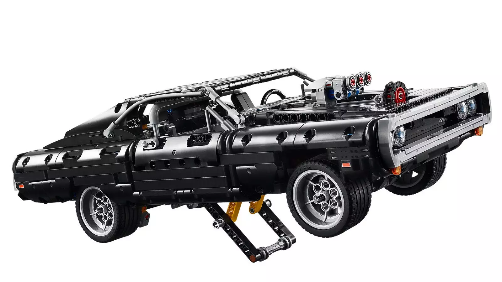 Зарядний пристрій LEGO Dodge із підставкою, яка стоїть вниз, щоб підтримувати його на двох задніх колесах.