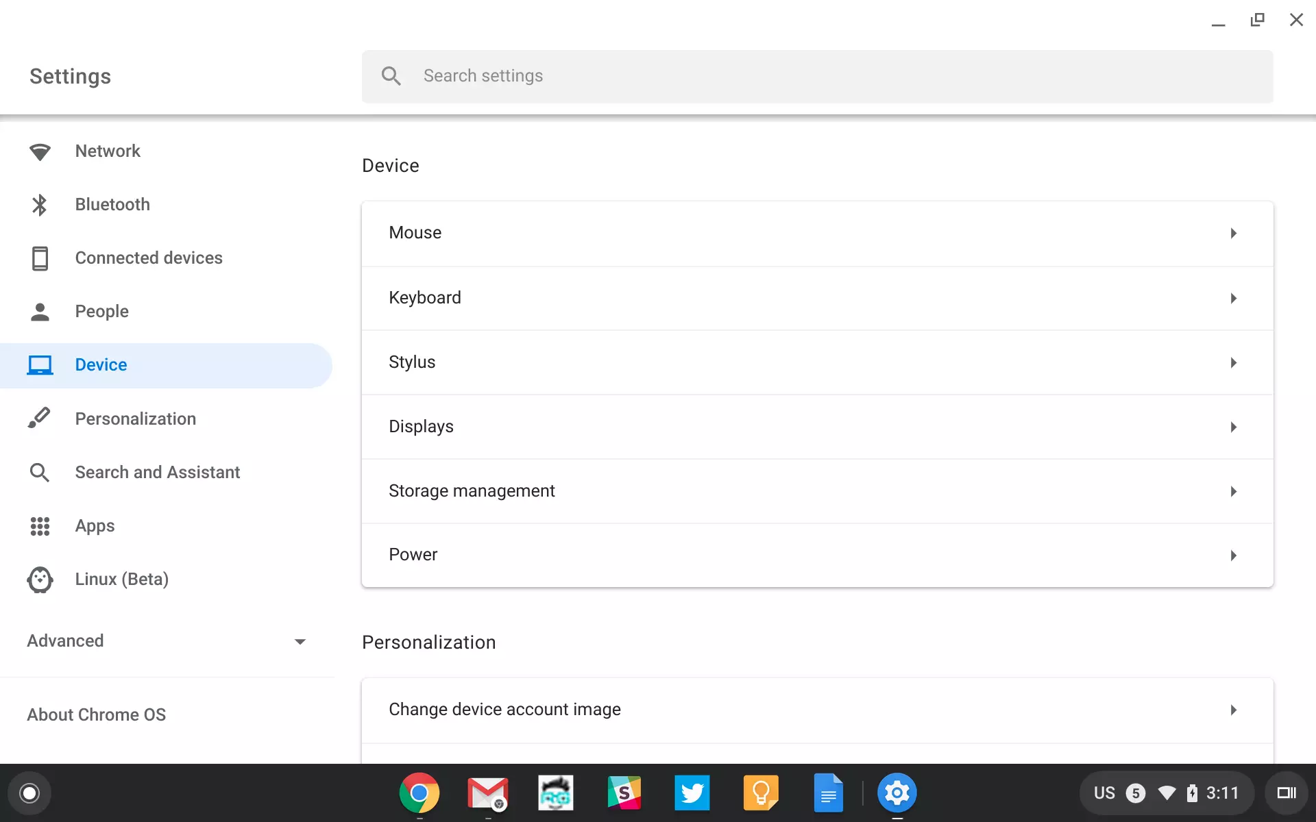 Menú de configuración de Chrome OS