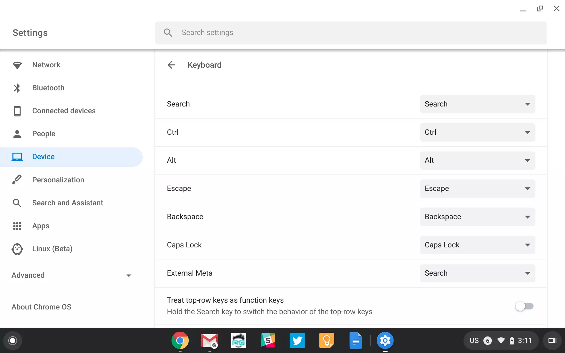 Chrome OS tastatūras iestatījumu izvēlne