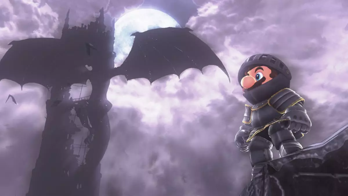 Mario vestido con una armadura con un dragón detrás de él.