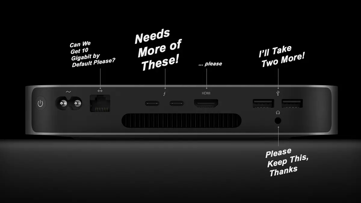 Діаграма M1 Mac Mini змінена, щоб скаржитися на поганий вибір портів. Потрібно більше портів Thunderbolt 3, 10 Gigabit Ethernet за замовчуванням тощо.