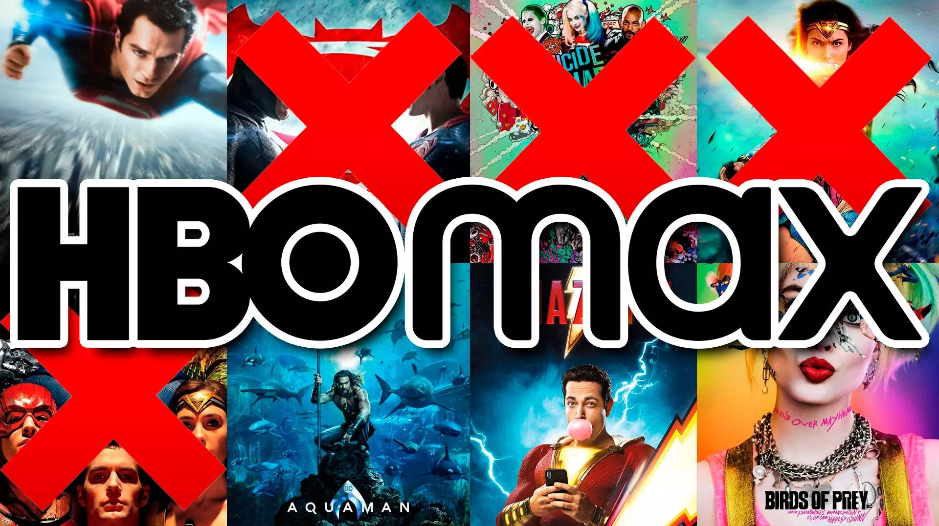 collage o ffilmiau DC Comics, gyda logo HBO Max.
