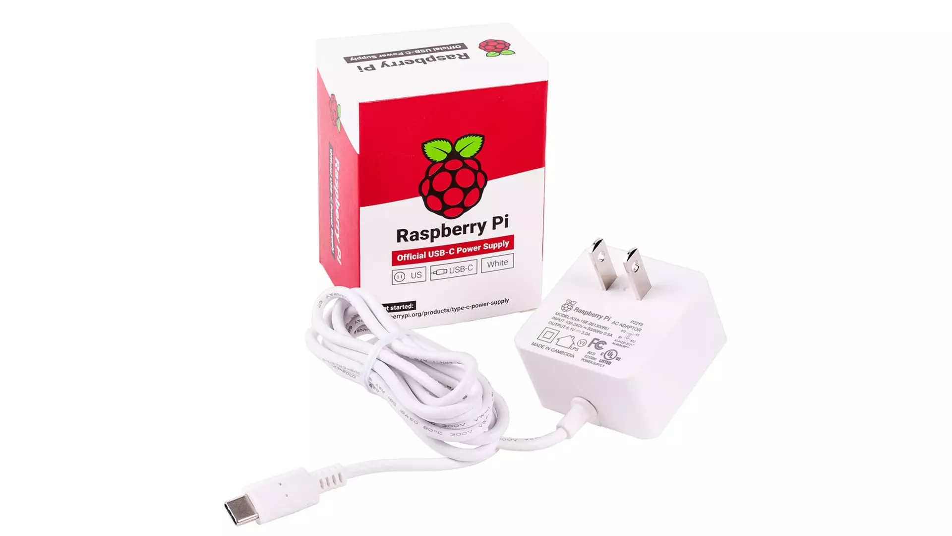 Raspberry Pi USB-C kable ofizialaren argazkia.
