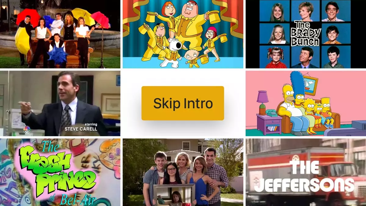 Ett rutnät med flera shower, inklusive 'Vänner', 'Family Guy', 'The Office' och mer kring en Skip Intro-knapp