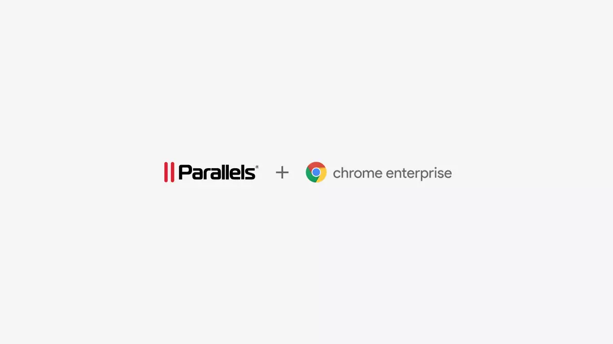 និមិត្តសញ្ញា Parallels និង Chrome Enterprise នៅលើផ្ទៃខាងក្រោយពណ៌ប្រផេះទន់