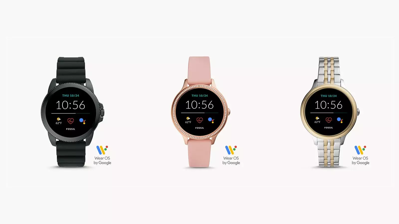 三款不同颜色的 Fossil Gen 5E 智能手表。