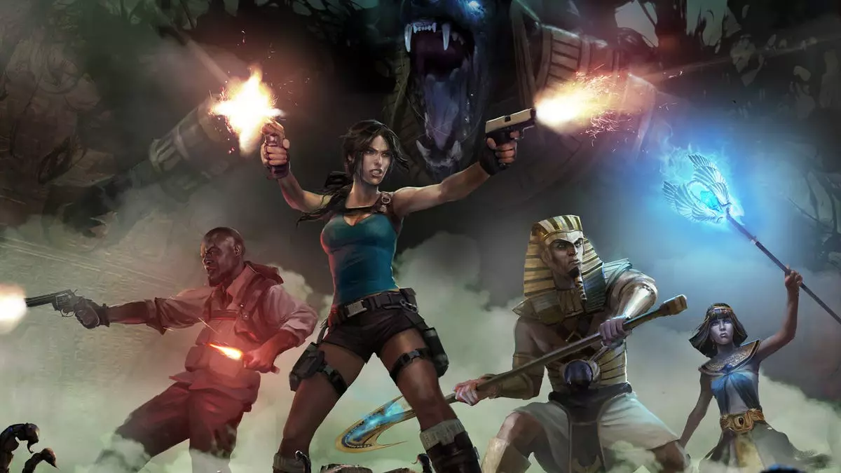 Lara Croft em pé na frente do monstro, disparando armas.