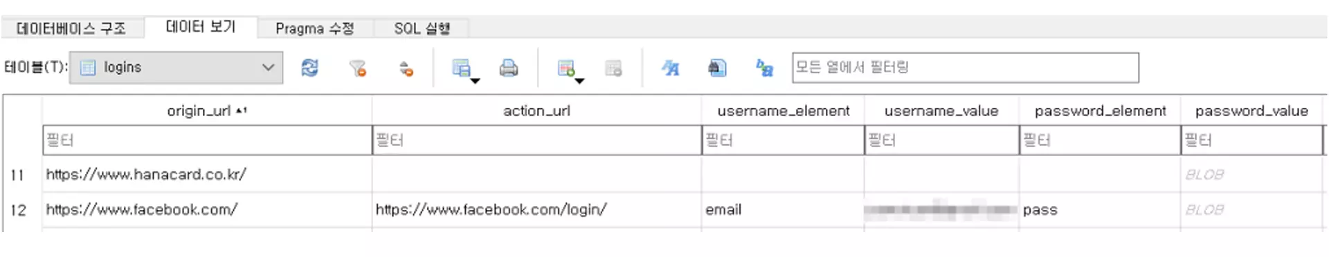 Пример за идентификационни данни за вход, съхранени в таблицата за вход на браузъра.