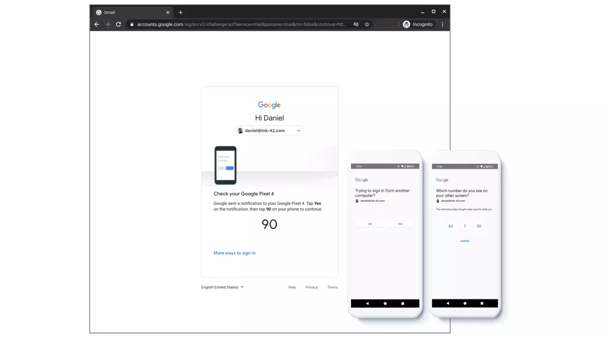 Google 2FA-prompten visas i en webbläsare och på en telefon